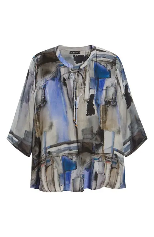 APNY Print Tassel Split Neck Chiffon Top - Blue Multi