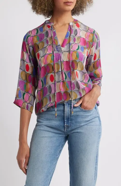 APNY Print Tassel Split Neck Chiffon Top - Multi