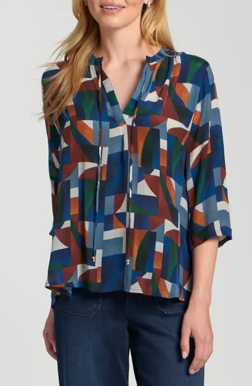 APNY Print Tassel Split Neck Chiffon Top - Navy Multi