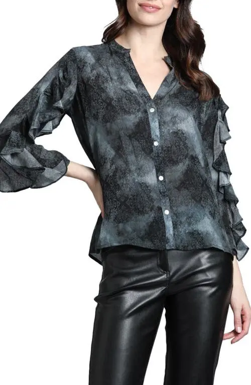 APNY Mixed Print Ruffle Sleeve Shirt - Black Multi