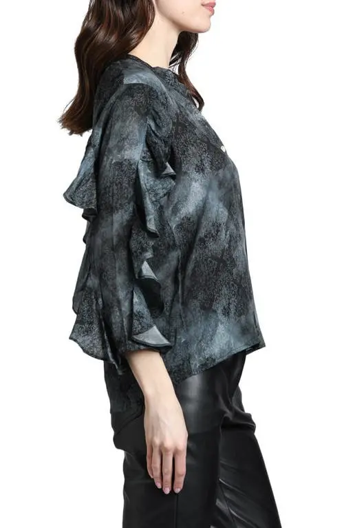 APNY Mixed Print Ruffle Sleeve Shirt - Black Multi