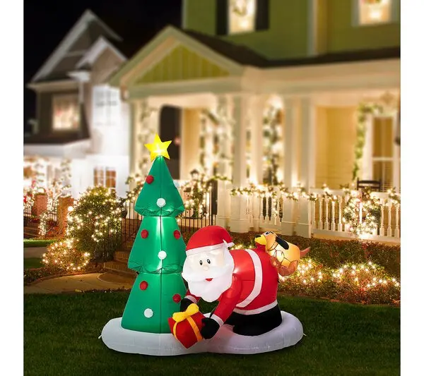 GLITZHOME 6.5ft Lighted Dog Bites Santa Inflatable Decor - One-color