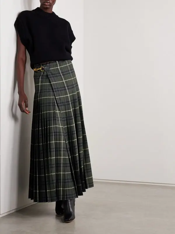 Burberry Pleated Checked Woven Maxi Wrap Skirt In Green - 40% Off |  Editorialist