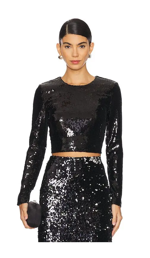 L'Agence Rogan Crop Sequin Long Sleeve Top - Black