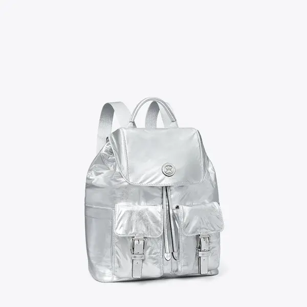 Tory Burch Virginia Metallic Flap Backpack - Silver