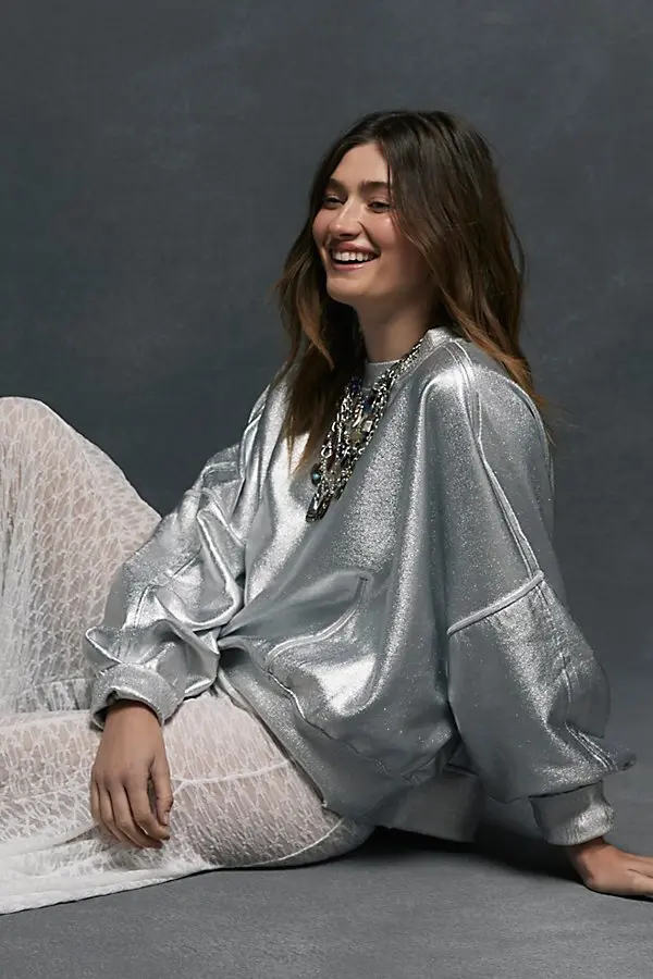 Free People Gaia Coated Sweatshirt - Silver Foil