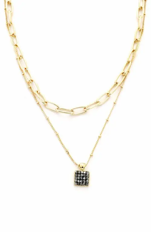PANACEA Layered Chain Necklace With Pavé Pendant - Hematite
