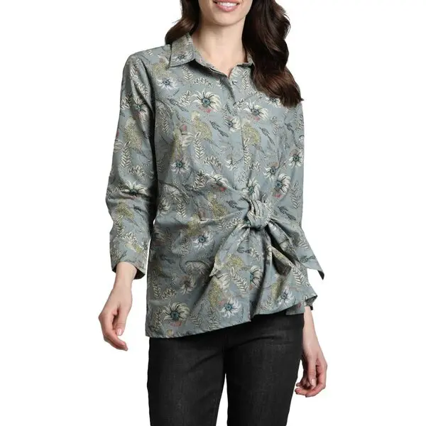 APNY Mixed Print Side Tie Cotton Button-up Shirt - Grey Multi