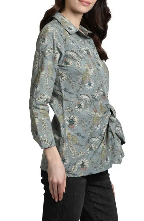 APNY Mixed Print Side Tie Cotton Button-up Shirt - Grey Multi