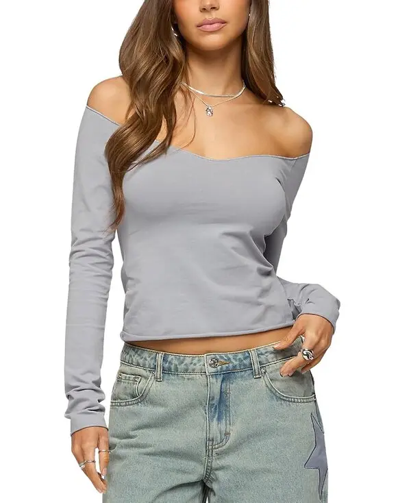 EDIKTED Off Shoulder V Neck Top - Dark-gray