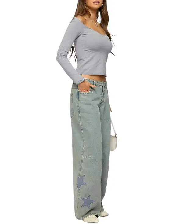 EDIKTED Off Shoulder V-neck Long Sleeve Top - Dark-gray