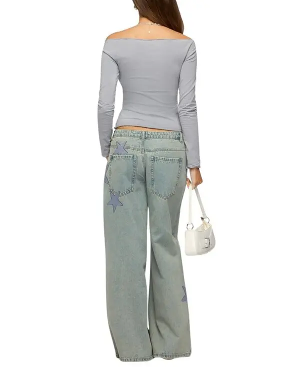 EDIKTED Off Shoulder V-neck Long Sleeve Top - Dark-gray