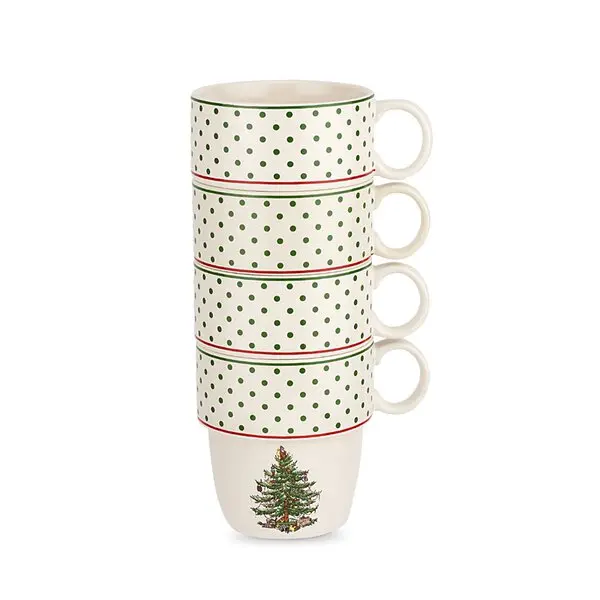 SPODE Christmas Tree Polka Dot Stackable Mugs, Set Of 4 - Green