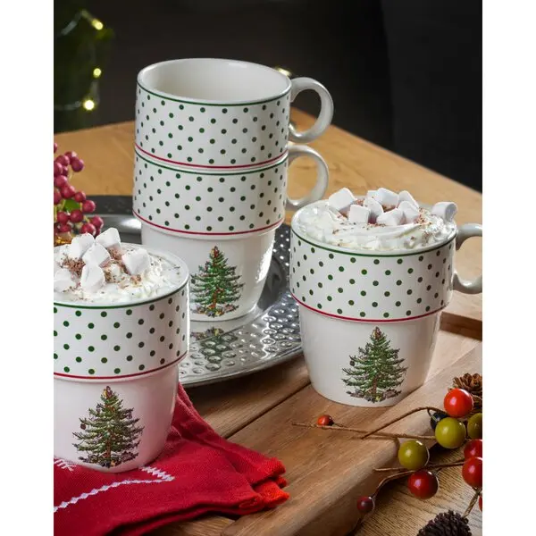 SPODE Christmas Tree Polka Dot Stackable Mugs, Set Of 4