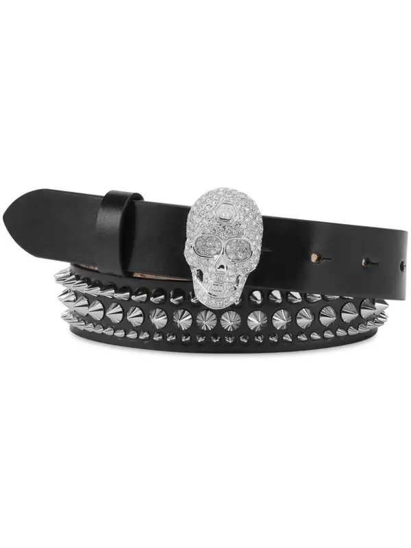 Philipp Plein Skull Buckle Leather Belt - Black