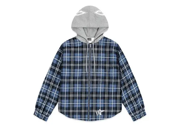 SP5DER Hooded Zip Flannel Shirt Jacket - Blue Plaid