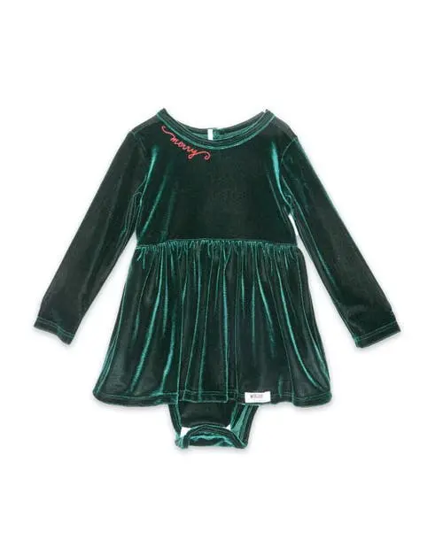 WORTHY THREADS Embroidered Velvet Long Sleeve Bubble Romper - Emerald Green