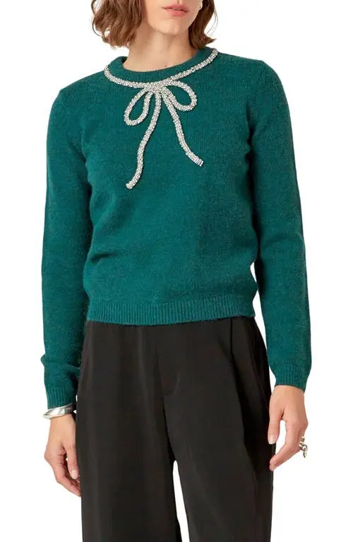 English Factory Rhinestone Bow Sweater - Green