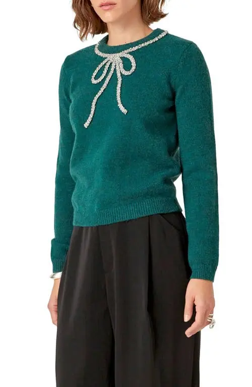 English Factory Rhinestone Bow Sweater - Green