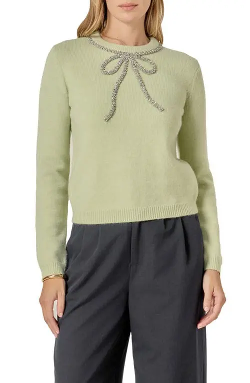 English Factory Rhinestone Bow Sweater - Sage