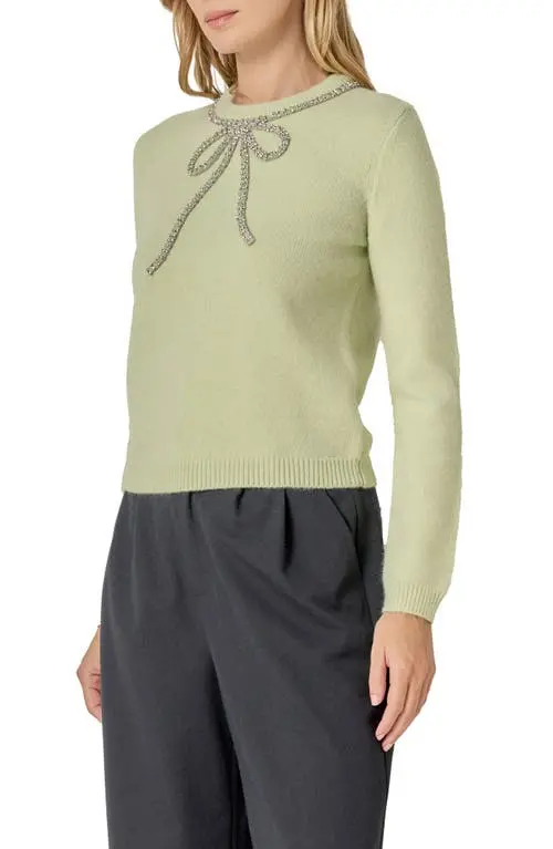 English Factory Rhinestone Bow Sweater - Sage