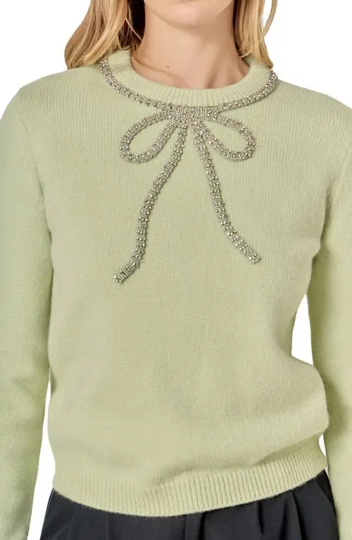 English Factory Rhinestone Bow Sweater - Sage