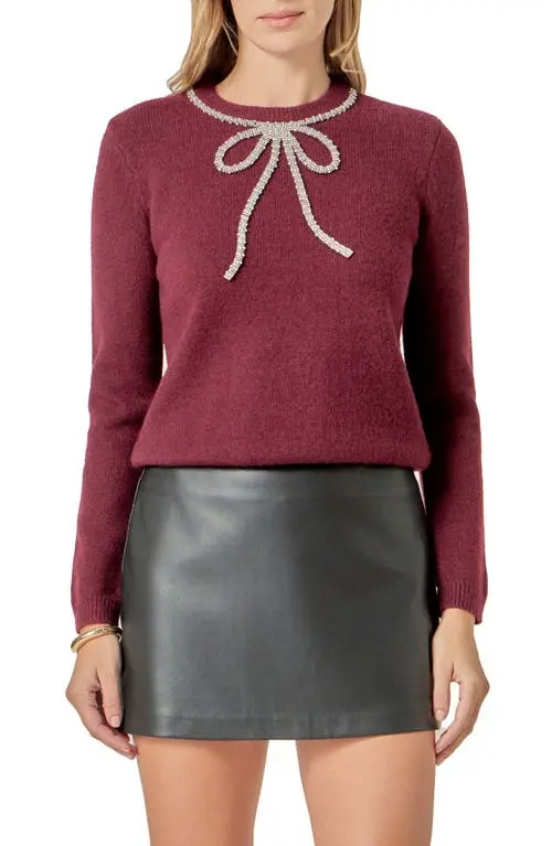 English Factory Rhinestone Bow Sweater - Wine