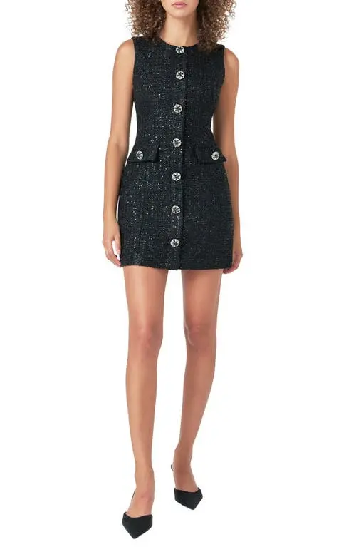 Endless Rose Sequin Jewel Button Tweed Mini Dress - Black
