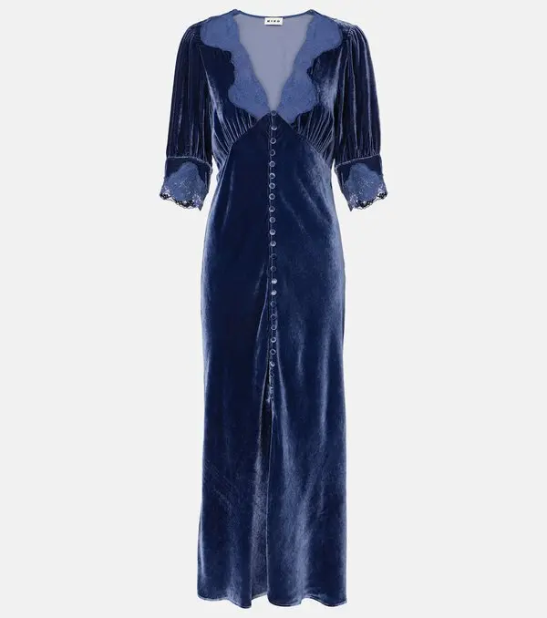 Rixo Simone Lace-trimmed Velvet Maxi Dress - Blue