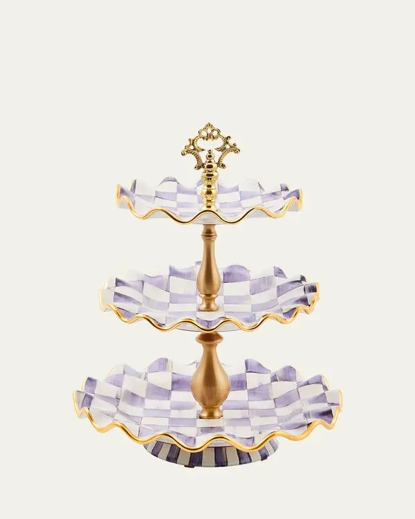 MACKENZIE-CHILDS Violet Check Fluted Ceramic Three-tier Sweet Stand - One-color