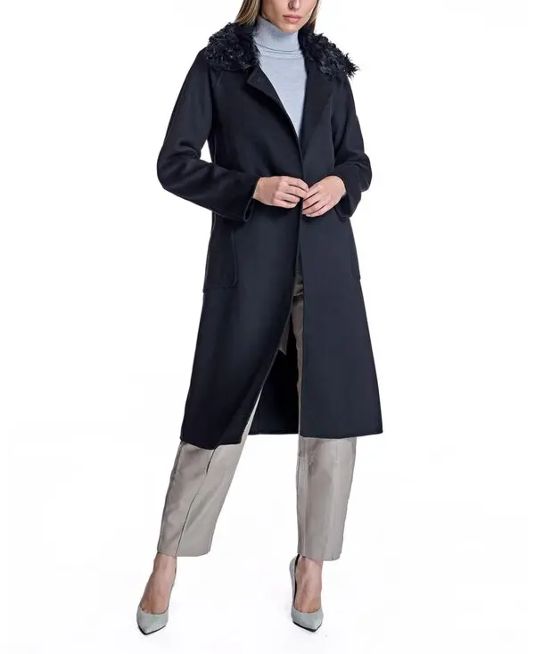 MAXIMILIAN Belted Wool Overcoat With Fur Collar - Black