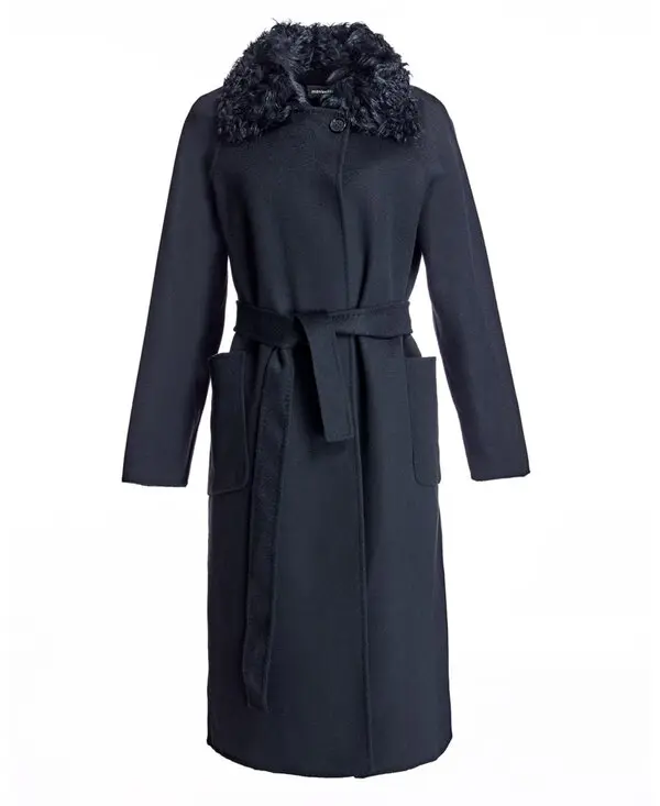 MAXIMILIAN Belted Wool Overcoat With Fur Collar - Black