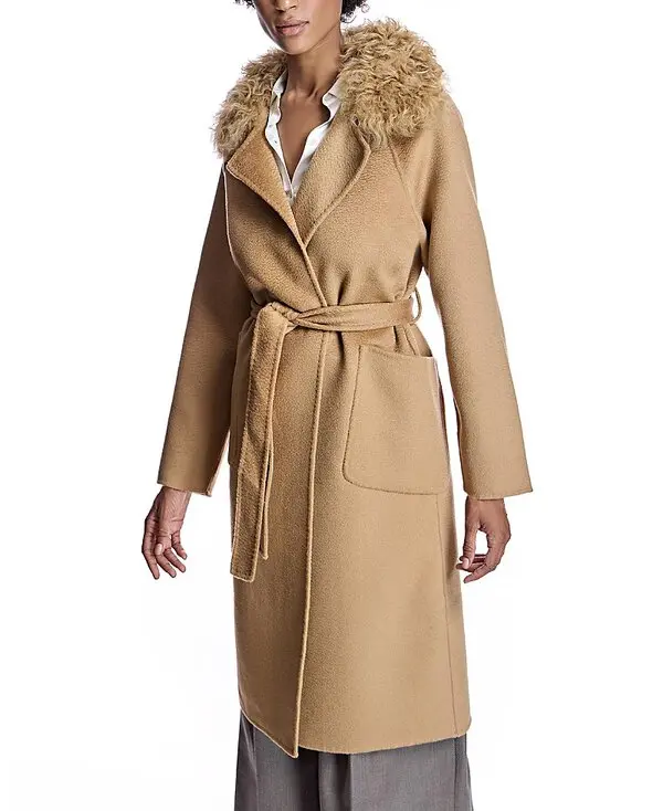 MAXIMILIAN Belted Wool Coat With Fur Collar - Camel