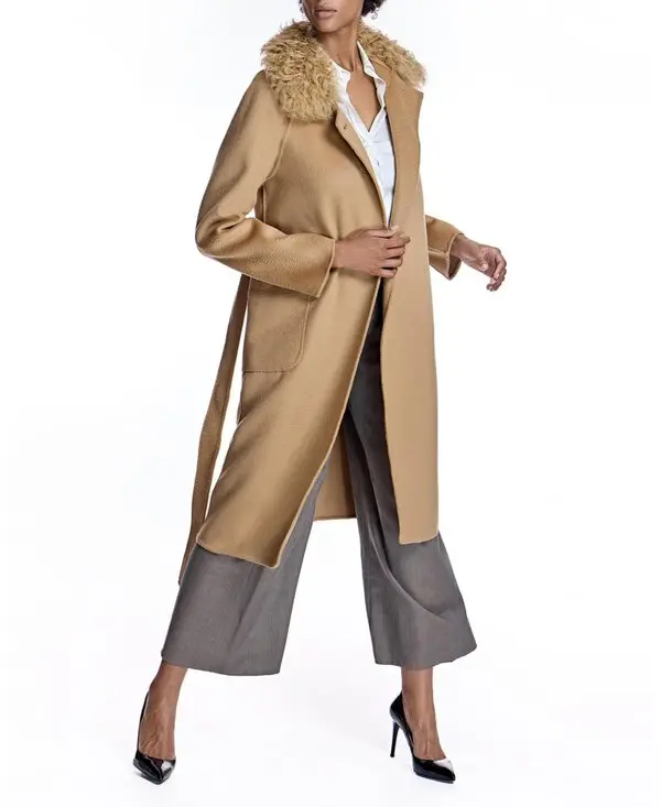 MAXIMILIAN Belted Wool Coat With Fur Collar - Camel