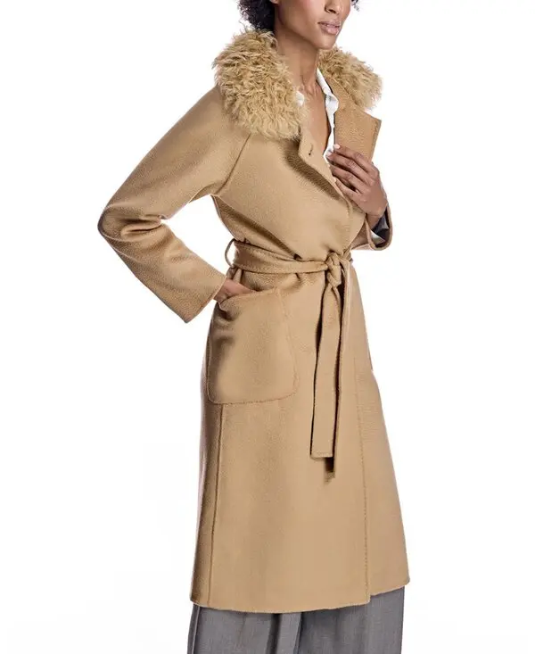 MAXIMILIAN Belted Wool Coat With Fur Collar - Camel