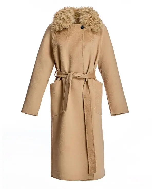 MAXIMILIAN Belted Wool Coat With Fur Collar - Camel