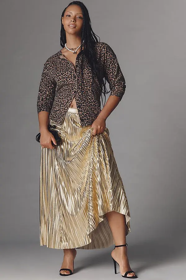 Anthropologie Metallic Pleated Midi Skirt - Gold