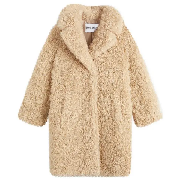 STAND STUDIO Camille Cocoon Midi Faux Fur Coat - Natural Beige