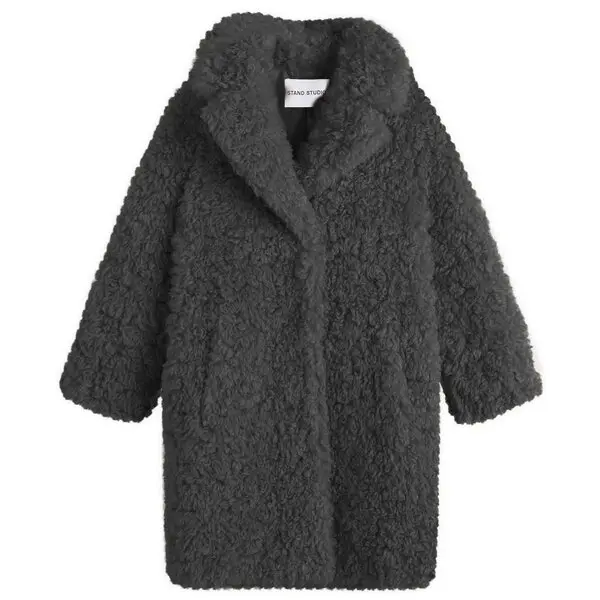 STAND STUDIO Camille Cocoon Midi Faux Fur Coat - Smoke Grey