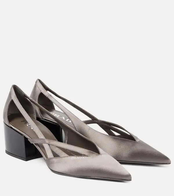 Prada Pointy 55 Cutout Satin Pumps - Grey