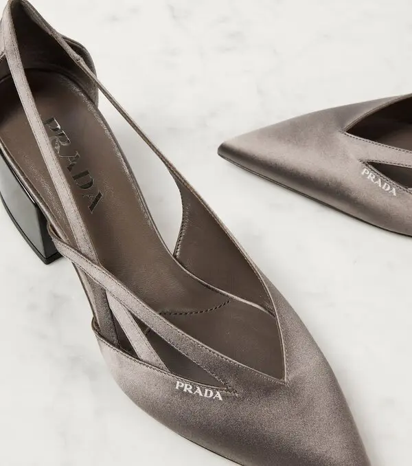 Prada Pointy 55 Cutout Satin Pumps - Grey