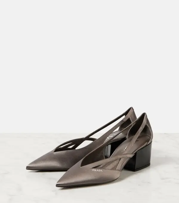 Prada Pointy 55 Cutout Satin Pumps - Grey