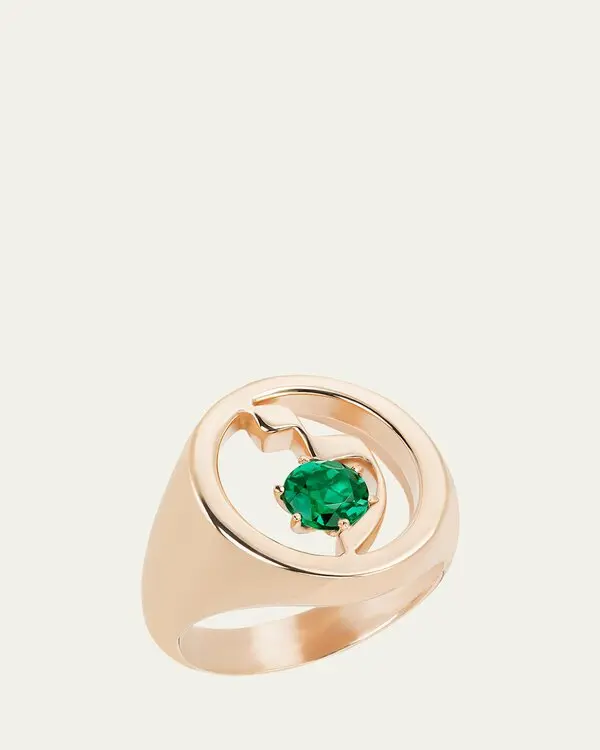PROCACCIA JEWELRY 18k Hebrew Lamed Initial Emerald Signet Ring - Rose Gold