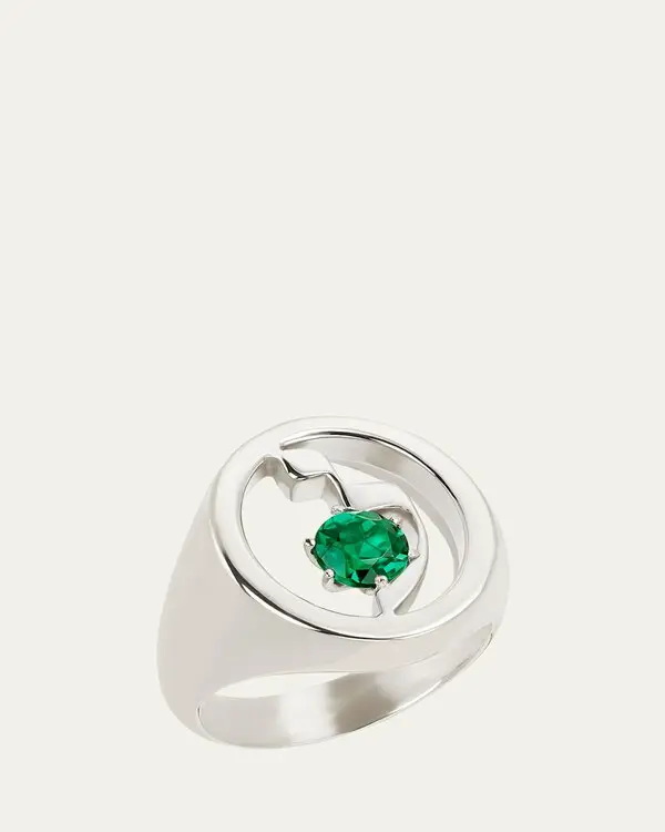 PROCACCIA JEWELRY 18k Hebrew Lamed Initial Emerald Signet Ring - White Gold