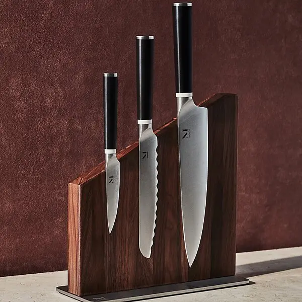 MATERIAL Set Of 3 Japanese High Carbon Stainless Steel Knives And Holder - Almost Black And Walnut