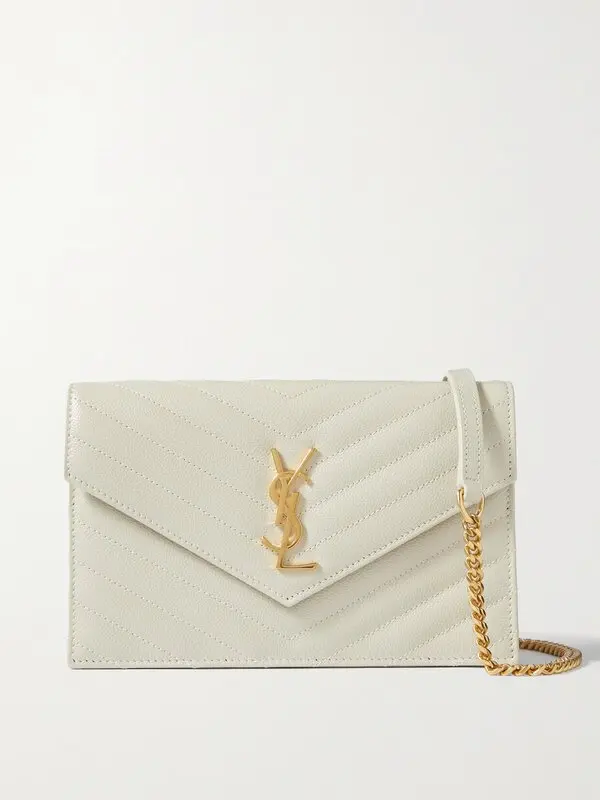 Saint Laurent Cassandre Matelassé Textured-leather Chain Wallet - Neutrals