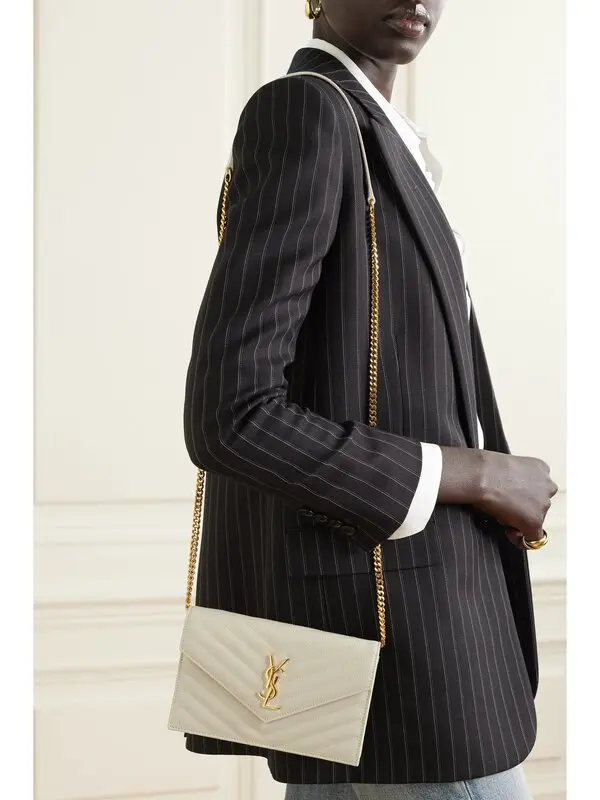 Saint Laurent Cassandre Matelassé Textured-leather Chain Wallet - Neutrals