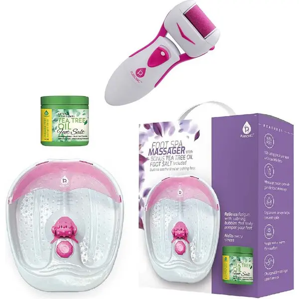PURSONIC Ultimate Foot Care Bundle Foot Spa Massager With Tea Tree Oil Foot Salt Scrub Battery Operated Callus Remover - Pink