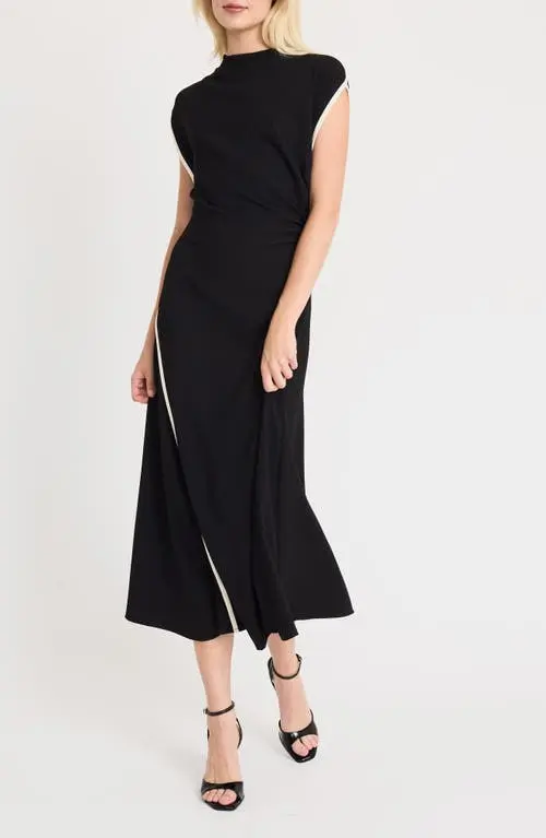 LUXELY Drape Contrast Trim Midi Dress