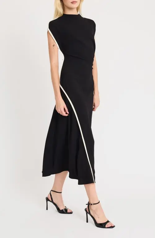 LUXELY Drape Contrast Trim Midi Dress